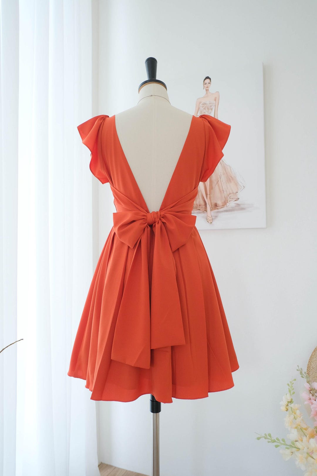 Burnt Orange Backless Bridesmaid Dress , Short Dress , Wedding Guest ...