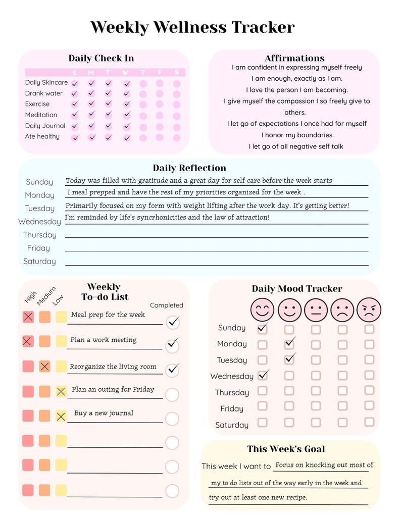 Weekly Wellness Tracker | Printable Self Care Journal | Digital Mental ...
