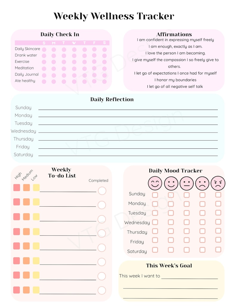 Weekly Wellness Tracker | Printable Self Care Journal | Digital Mental ...