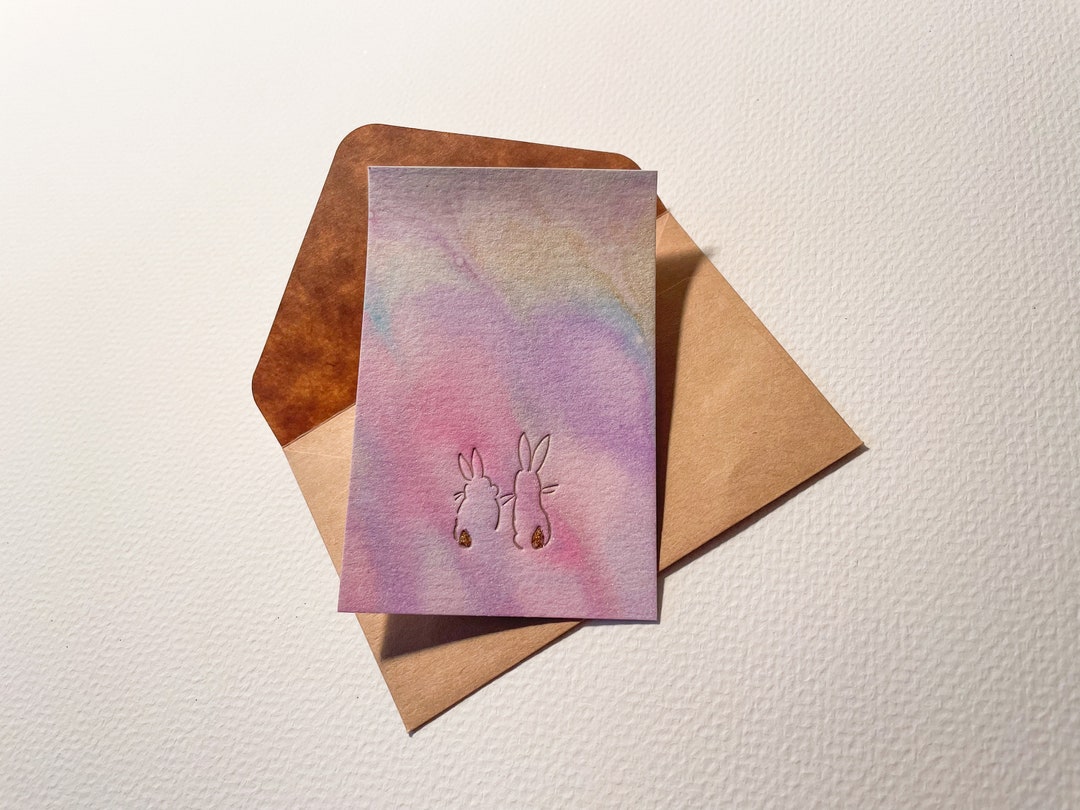 Letterpress Mini Card - "2 Bunnies With Gold Tails" With Hand-marbled ...