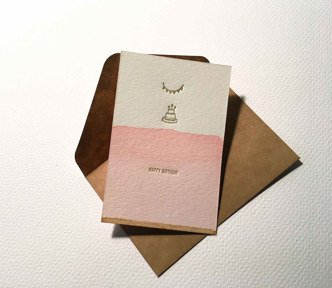 Letterpress Mini Birthday Card "happy Birthday" Tinted With Watercolor ...