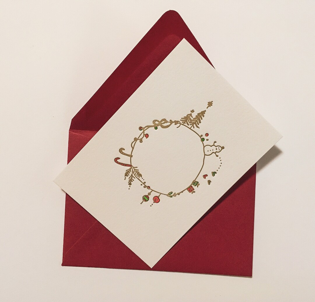 Letterpress Holiday Card -holiday Fun Wreath- Small Card, Christmas ...