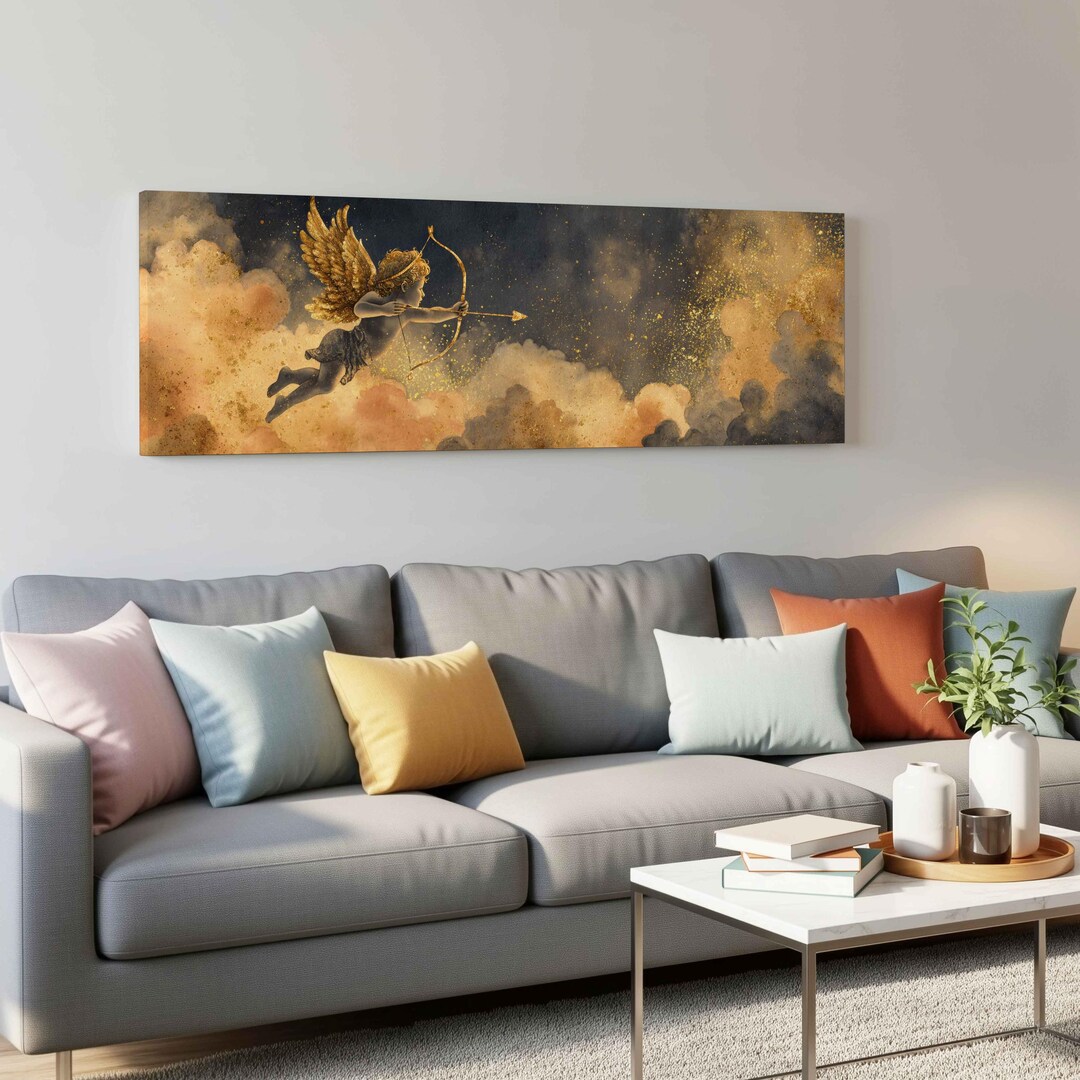 Quadro em tela com arqueiro anjo dourado, nuvens dramáticas e atmosfera ...