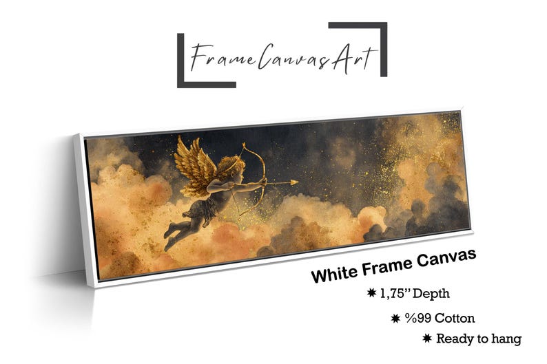 Quadro em tela com arqueiro anjo dourado, nuvens dramáticas e atmosfera ...