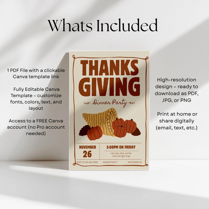 Editable Thanksgiving Dinner Party Invitation | Canva Template (digital ...