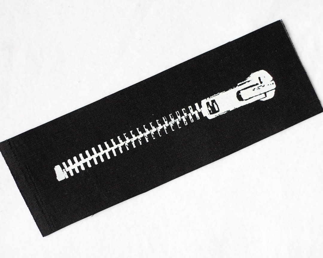 Large Zipper Back Patch - Punk DIY Goth White on Black Organic Screen ...