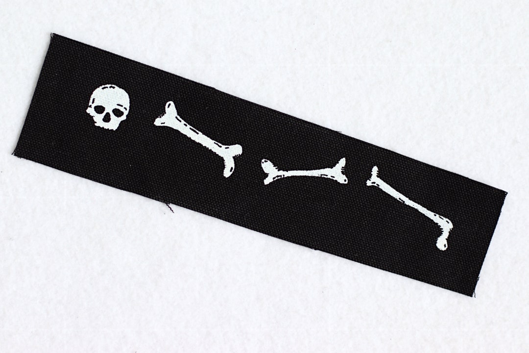 Skull & Bones Small Patch - White on Black Organic Canvas Screen Print ...