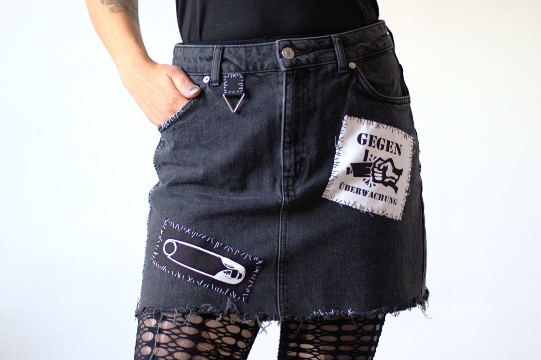 Black Denim "safety Pin" Mini Skirt - Punk DIY Handstitched Patches ...