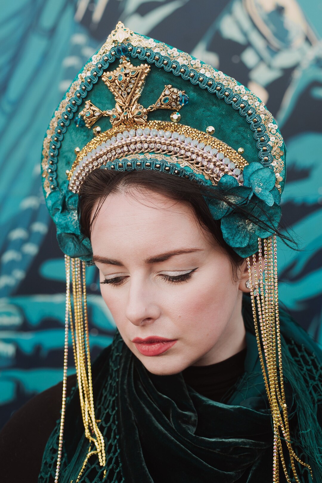 SALE Teal and Gold Velvet 'zara' Crystal Couture Crown Headdress - Etsy