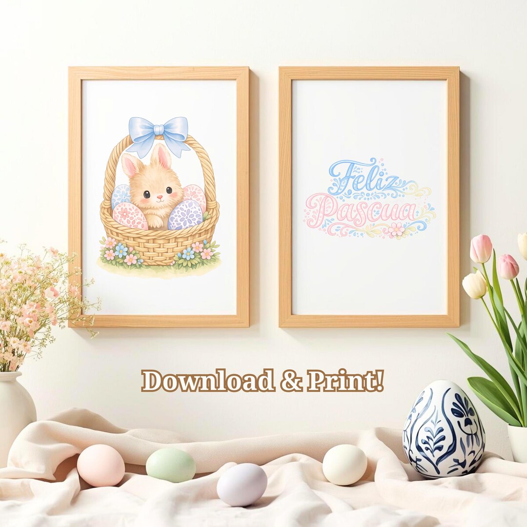 Spanish Easter Wall Art Printable Set, Watercolor Bunny Feliz Pascua ...