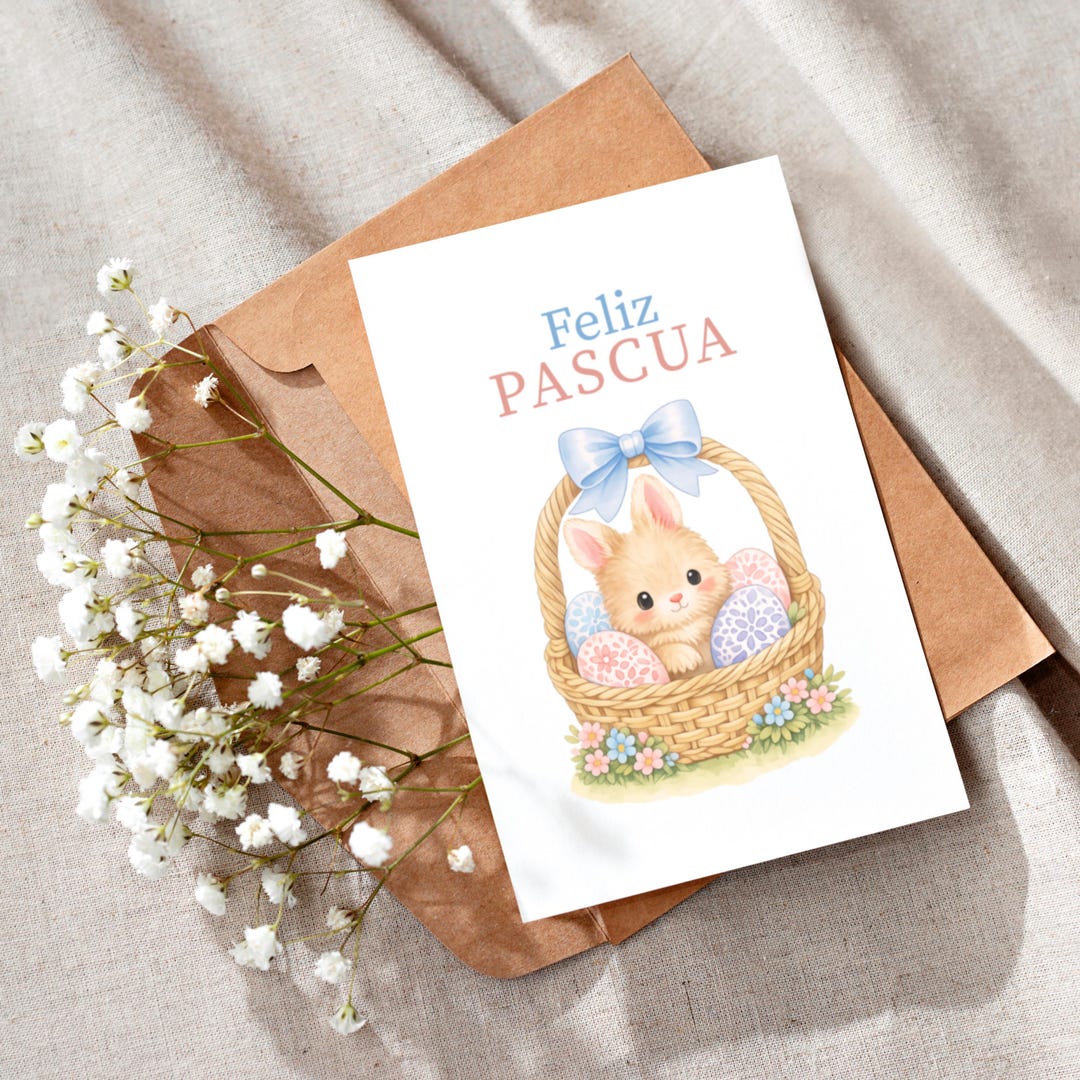 Feliz Pascua Printable Easter Card | Watercolor Easter Bunny Basket ...
