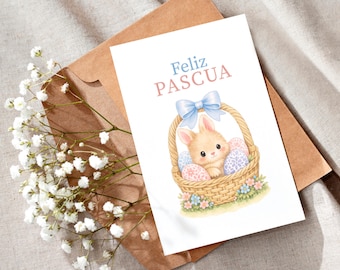 Feliz Pascua Printable Easter Card | Watercolor Easter Bunny Basket ...