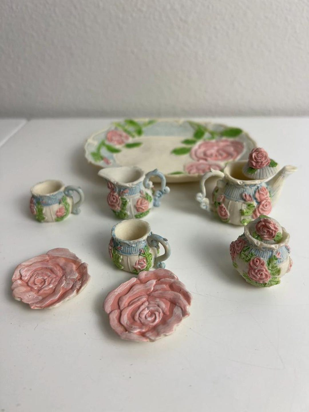 Miniature Rose Tea Set, Cottagecore Decor, Shabby Chic Mini Tea Set ...