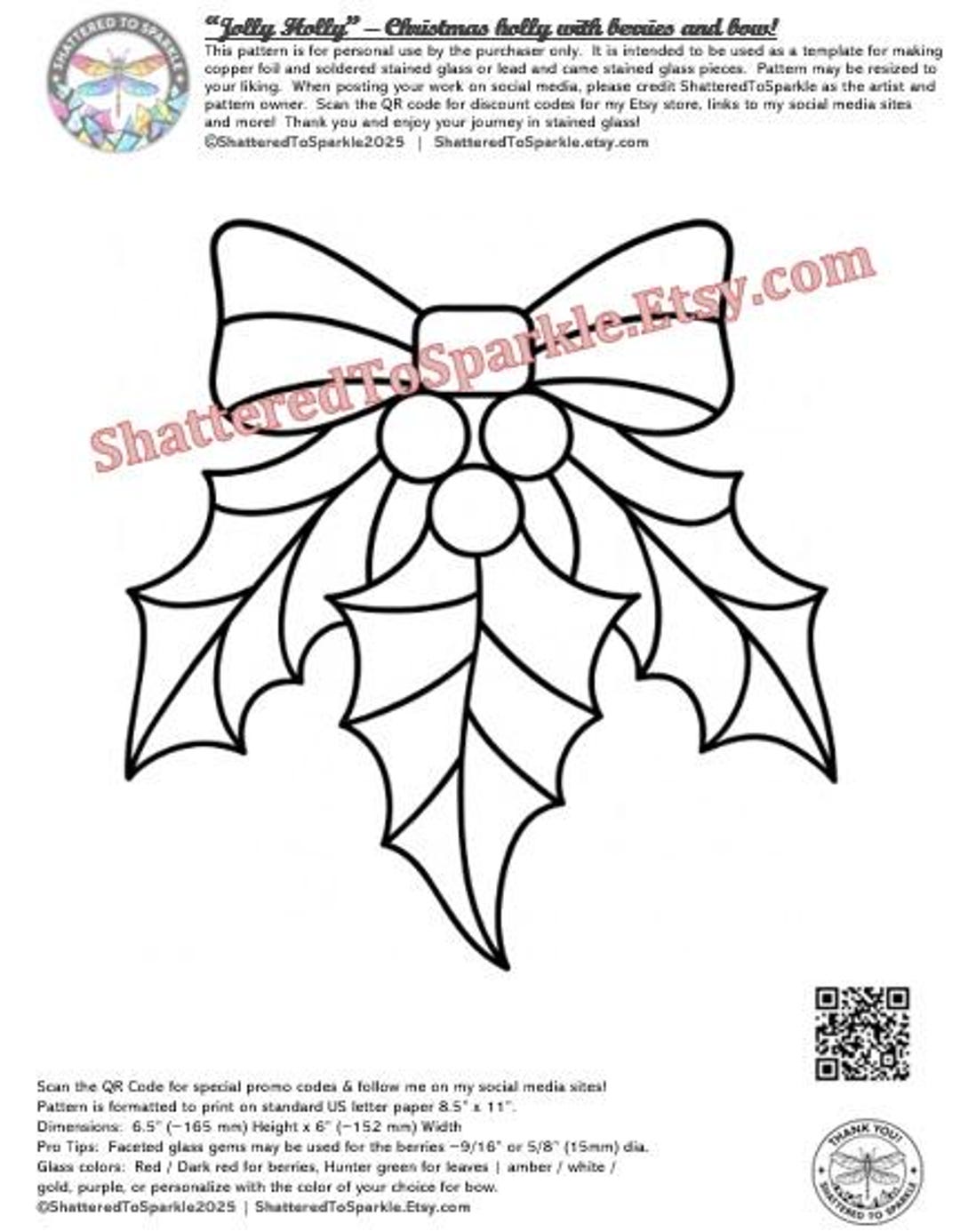 Digital Download Stained Glass Pattern Christmas Holly | Holiday ...