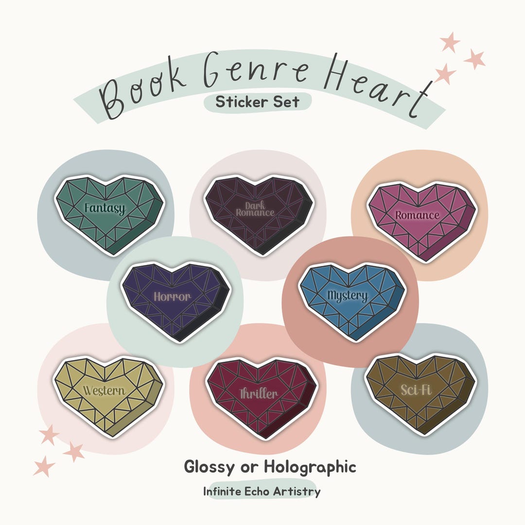 Book Genre Heart Sticker Set 8pc Glossy or Holographic Gift for Book ...