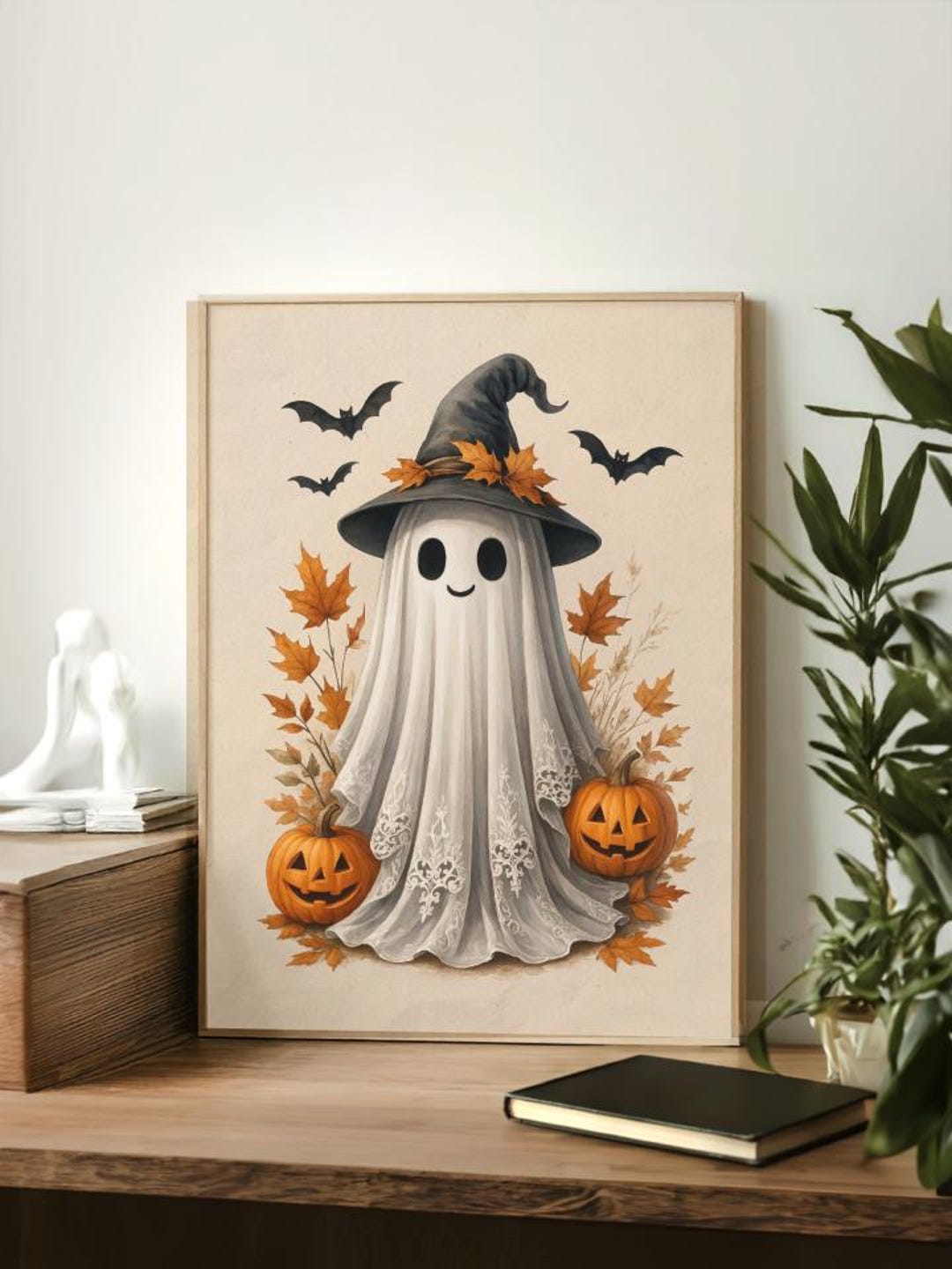 Happy Ghost Halloween Print: Witch Hat, Parchment Background - Etsy