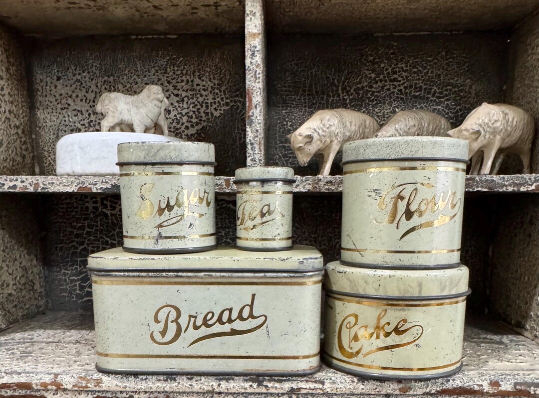 Vintage Toy BREAD Box SUGAR Tea Flour CAKE Tin / Old Worn off Cream ...