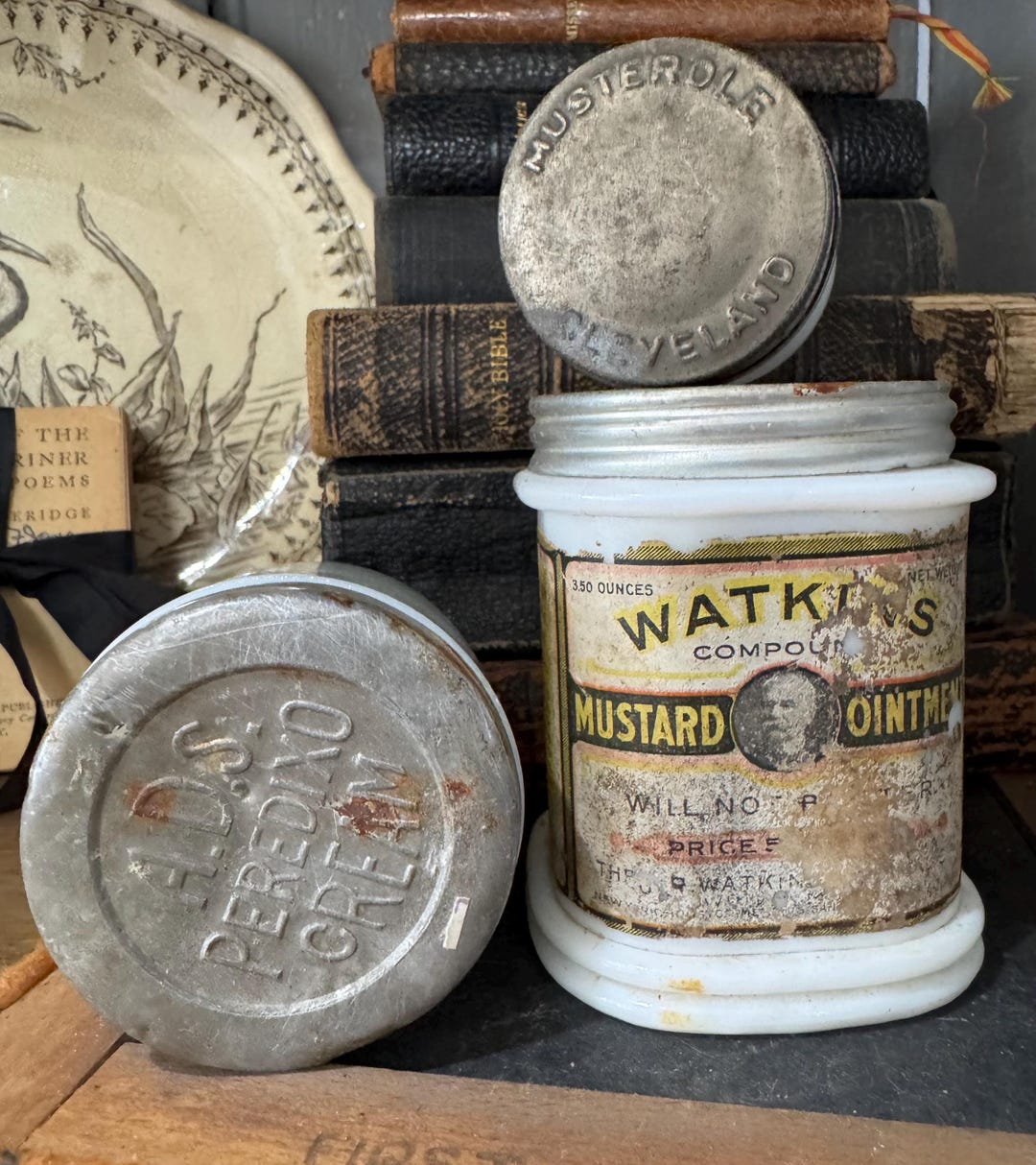 3 ,vintage Milk Glass Jars / WATKINS Mustard Ointment Jar / Metal Lid ...