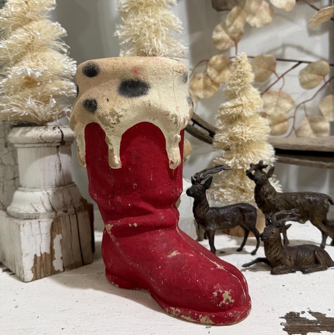 Vintage Christmas Paper Pulp Santa Boot / Large Santa Boot With White ...