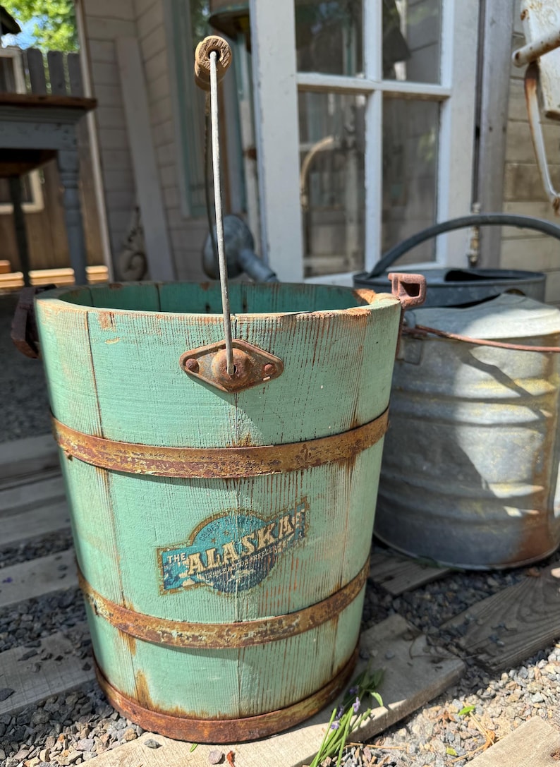 Vintage Turquoise Wood Ice Cream Bucket, Rustic Farmhouse Decor - Etsy