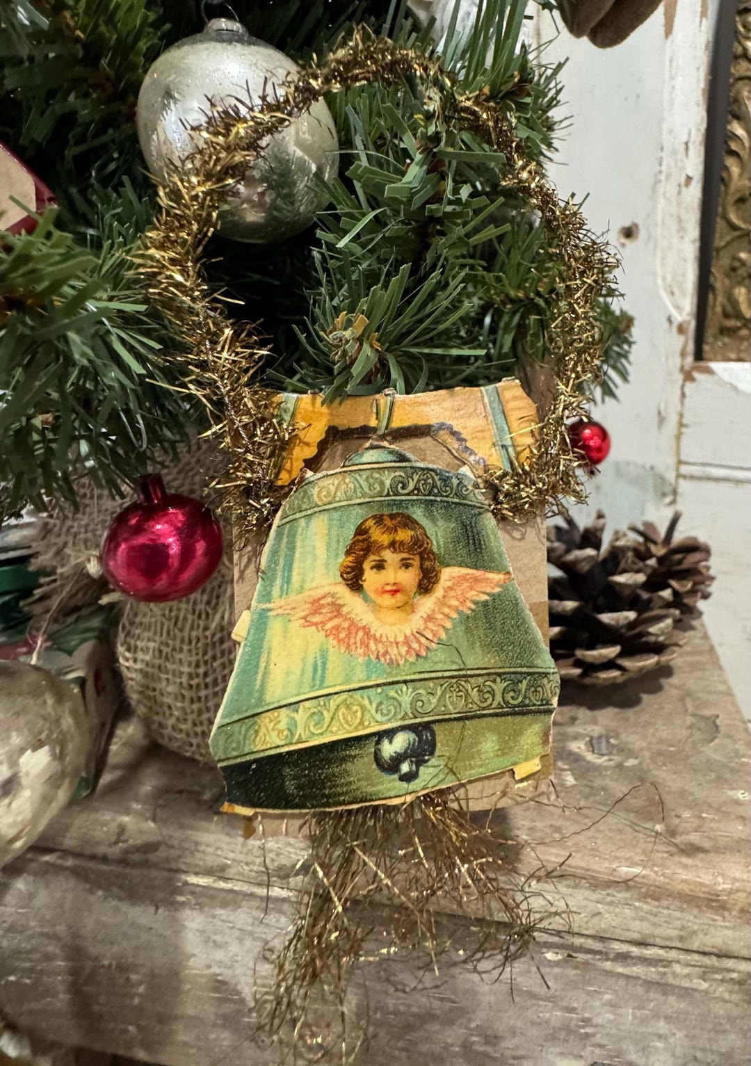 Antique Victorian Small Christmas Scrap With Antique Tinsel / Small ...