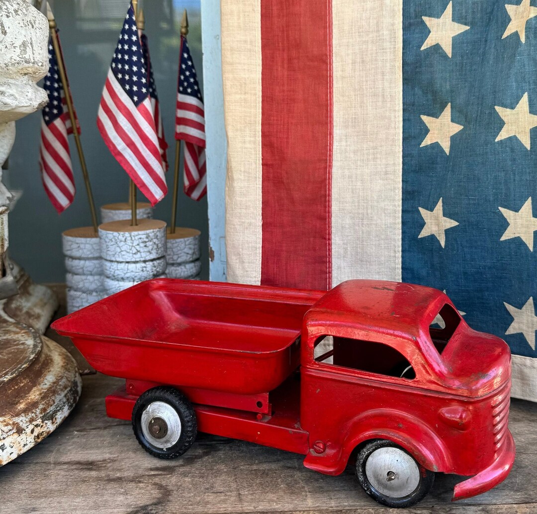 Vintage Toy Metal Dump Truck / Unmarked / Red Paint / Patriotic Decor ...