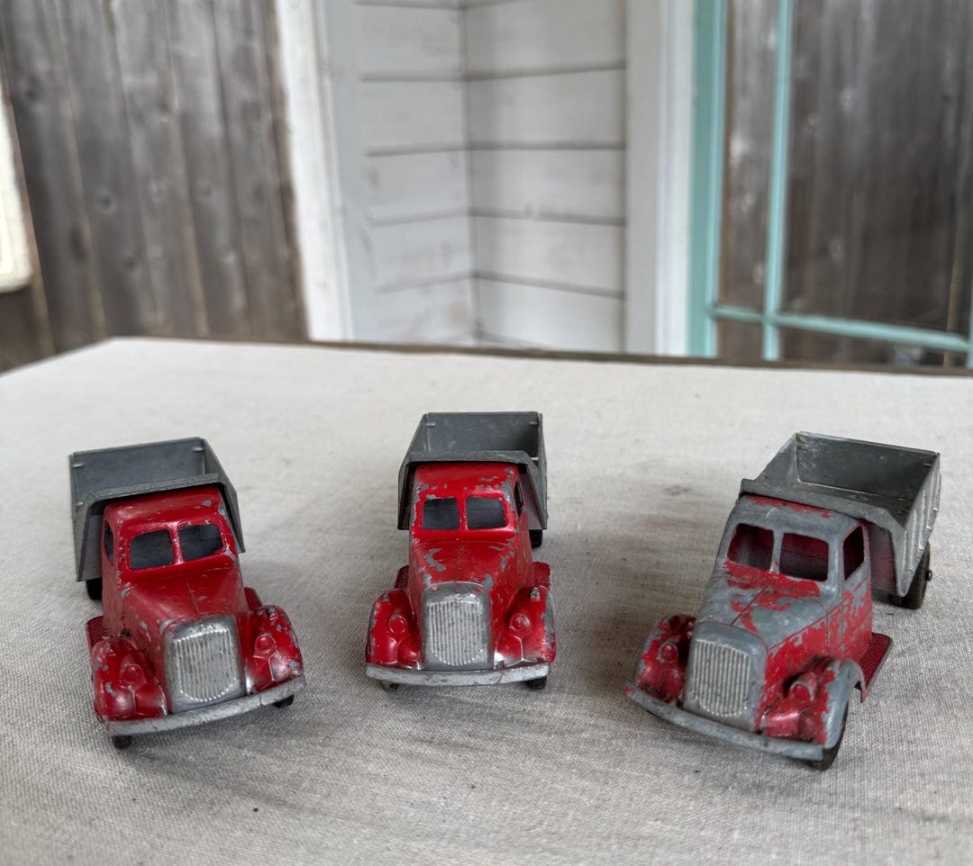 3 , Vintage Tootsie Toy Trucks / Worn Red Paint / 1950s - 60s ? Diecast ...