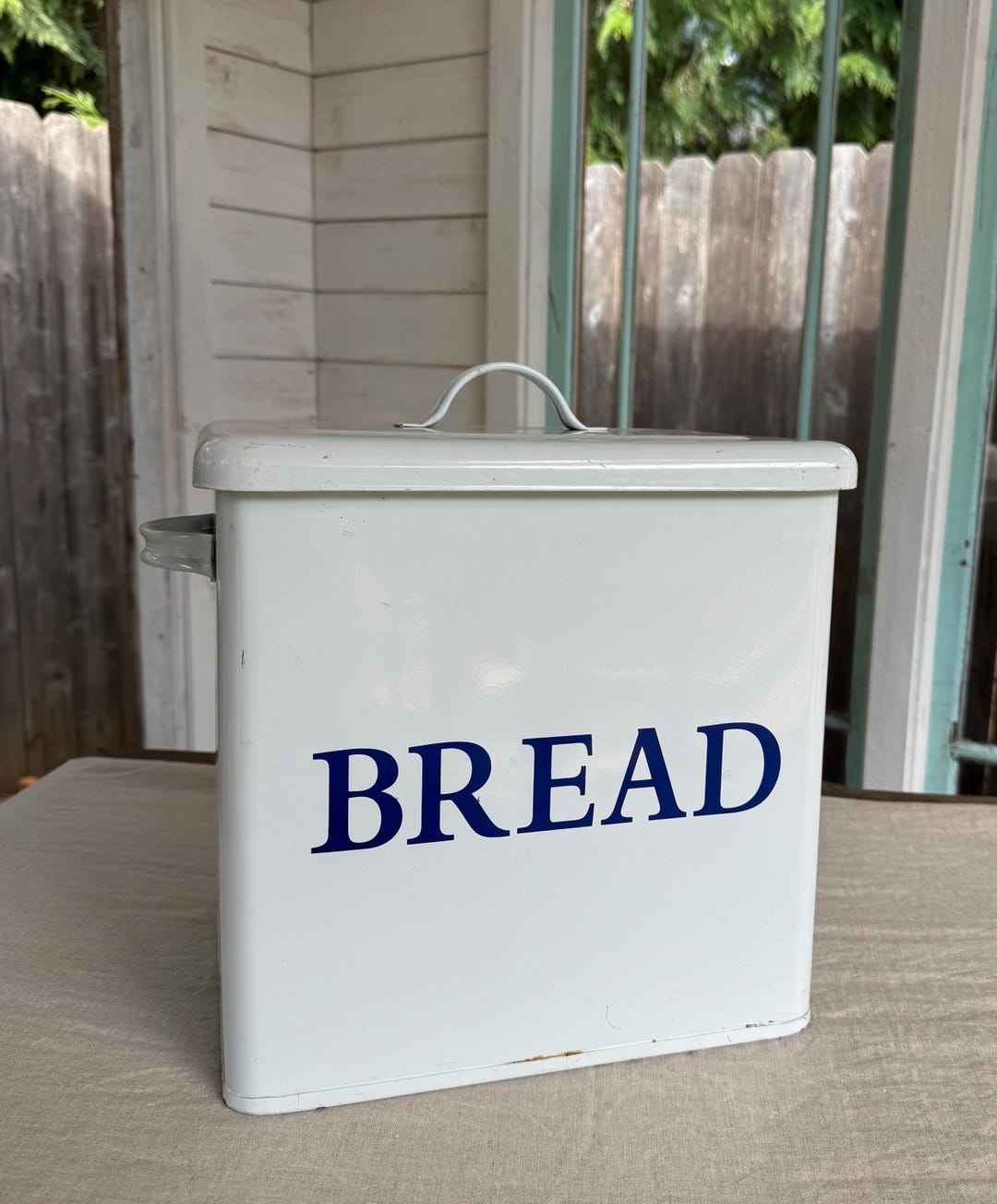 Vintage White Enamel Bread Box, Blue Lettering, Farmhouse Kitchen Decor ...