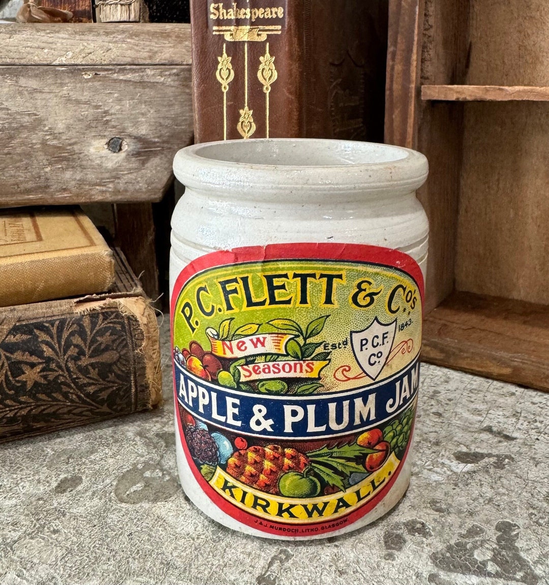 Vintage Advertising Crock / PC FLETT Apple & Plum Jam/ Kirkwall Ribbed ...