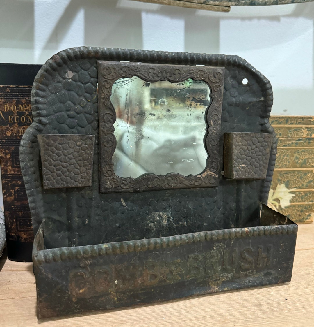 Vintage Metal Wall Pocket With Distressed Mirror / Comb and Brush Wall ...