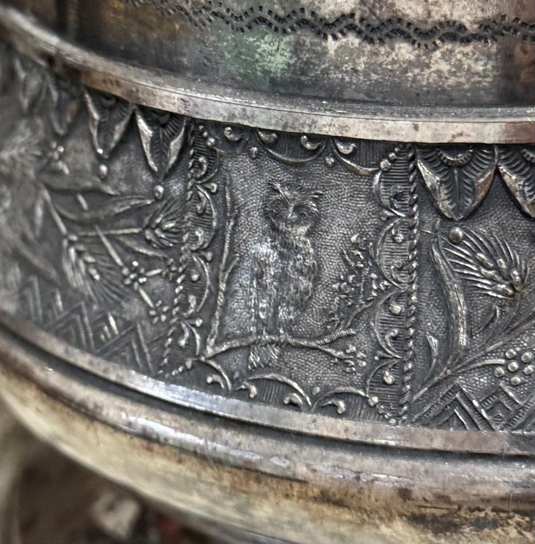 Engraved Victorian Silverplate Large Ornate Pitcher With Little OWLS ...