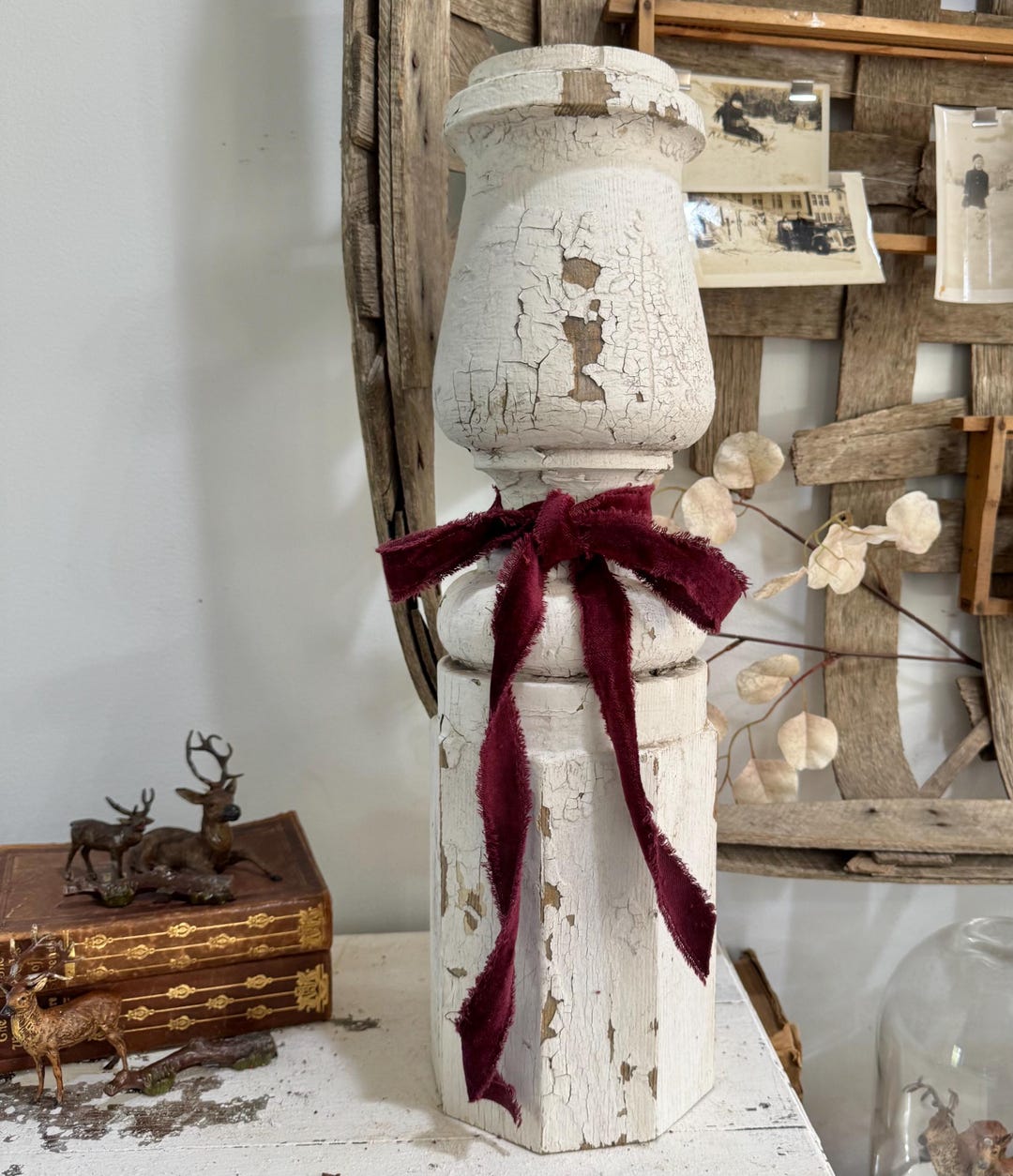 Vintage Worn White Paint Wood Candle Holder / Repurposed Porch Selvedge ...
