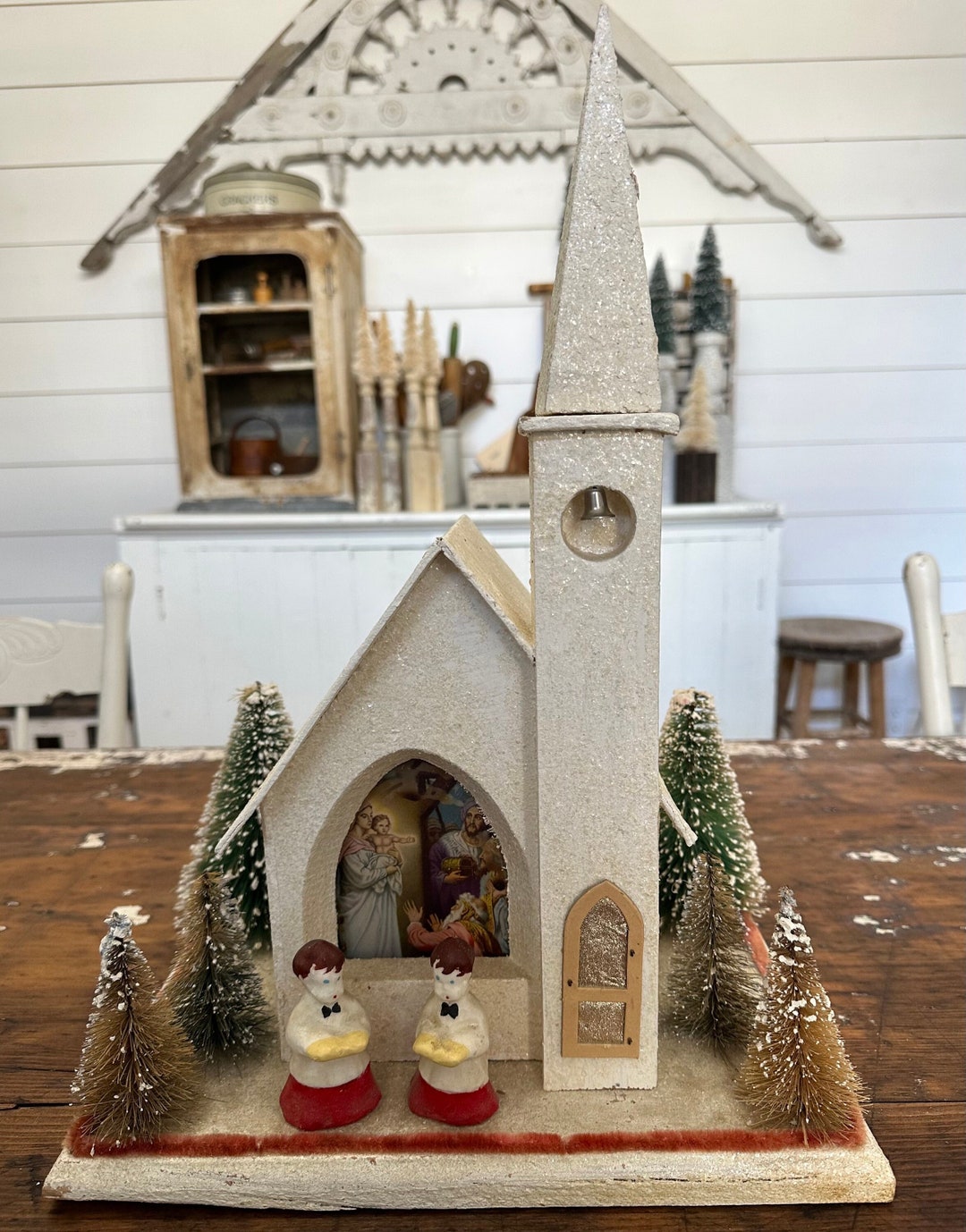 Vintage Folk Art / Handmade White Church / Carolers / Wood Church With ...