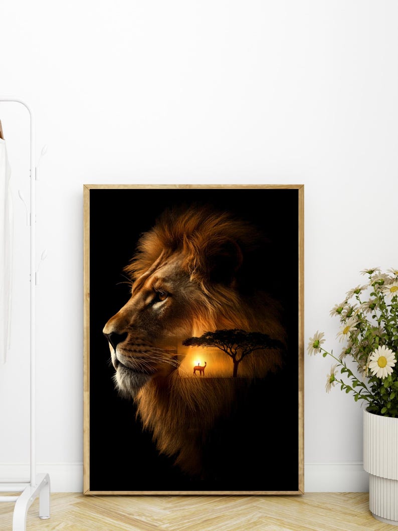 Majestic Lion Double Exposure Print, African Savanna Sunset Wall Art ...