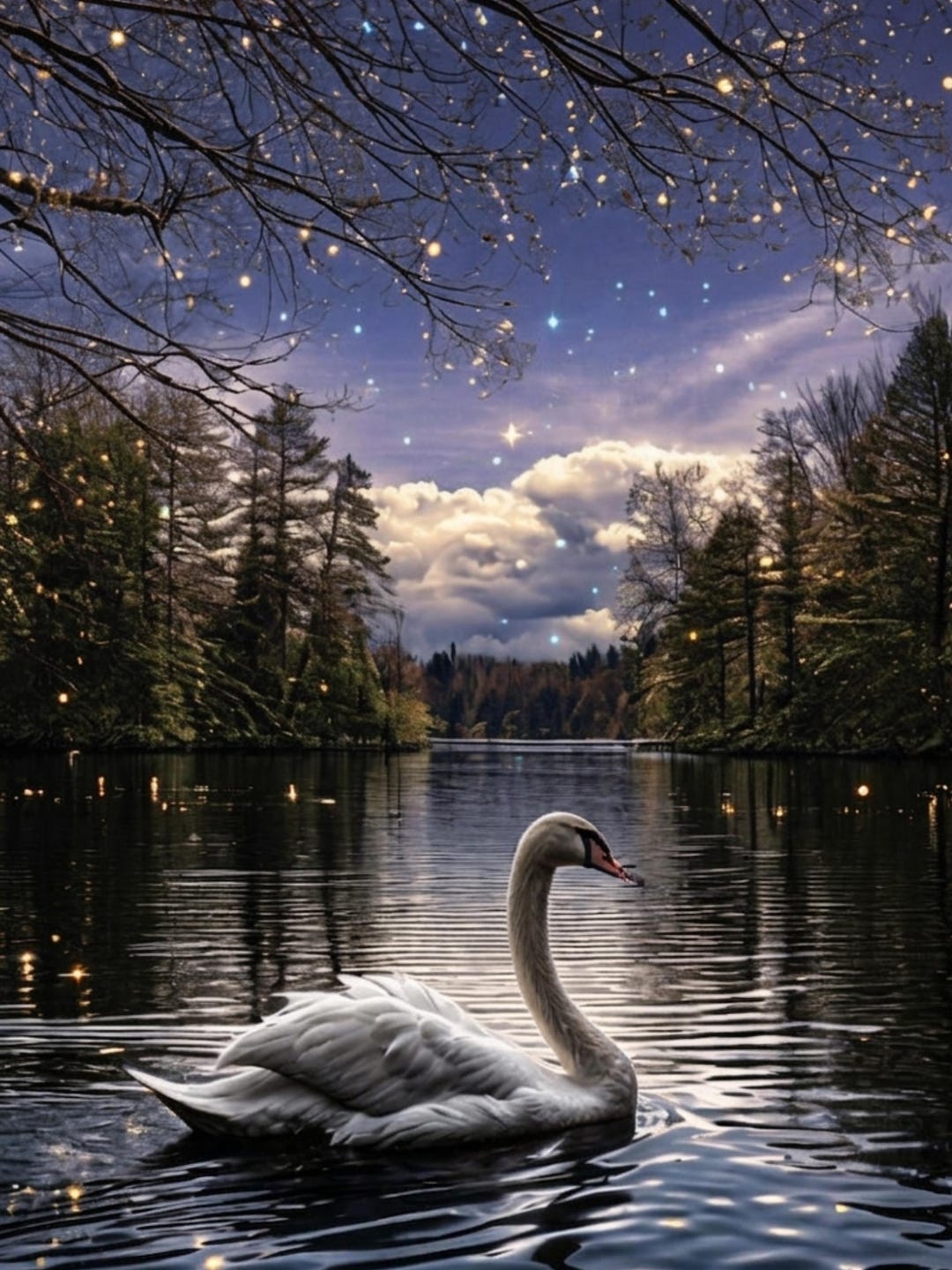 Swan Lake Forest Print, Ethereal Fireflies, Twilight Wall Art (digital ...