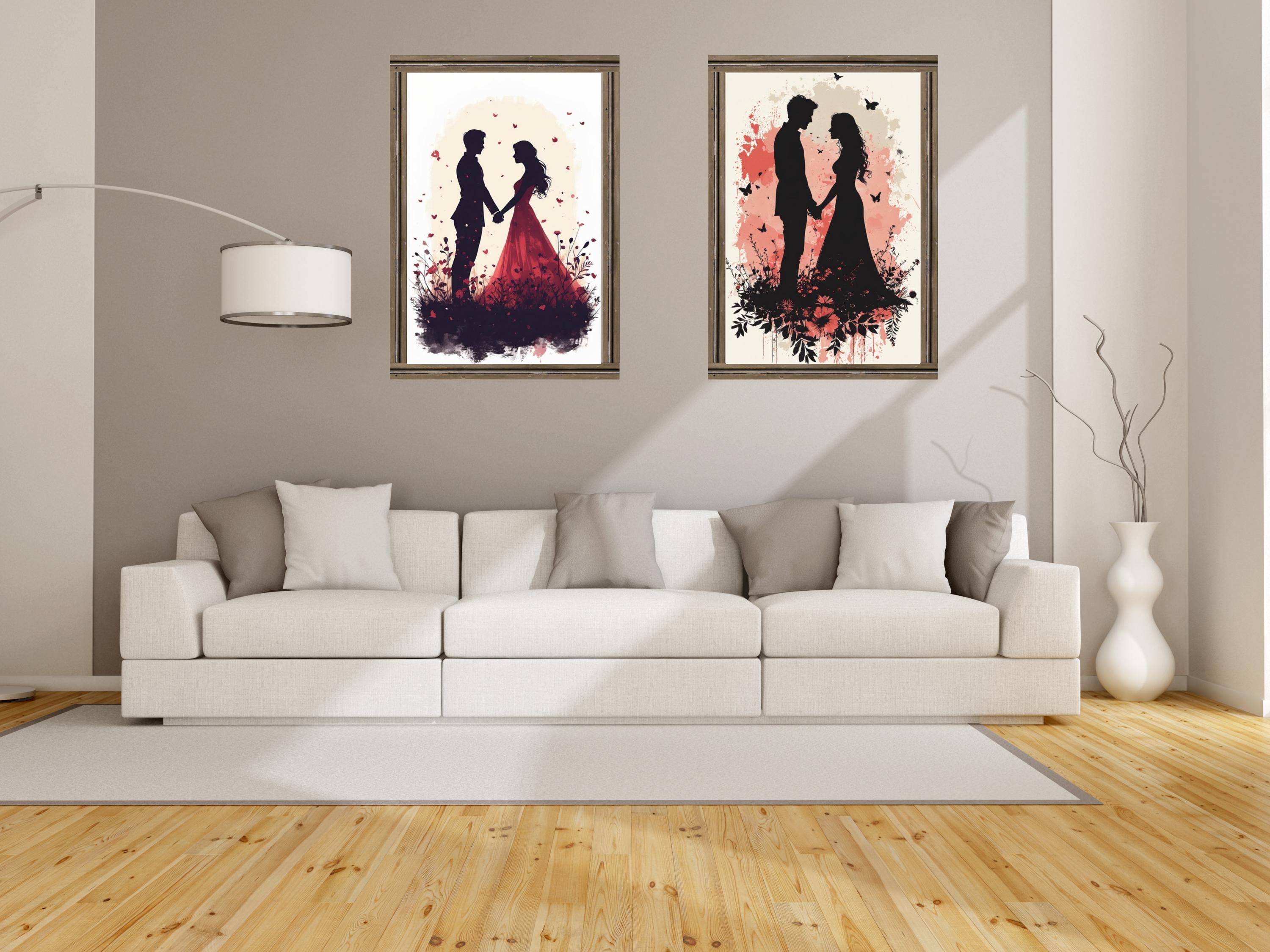 Romantic Couple Silhouette Wall Art Prints, Love & Wedding Decor ...