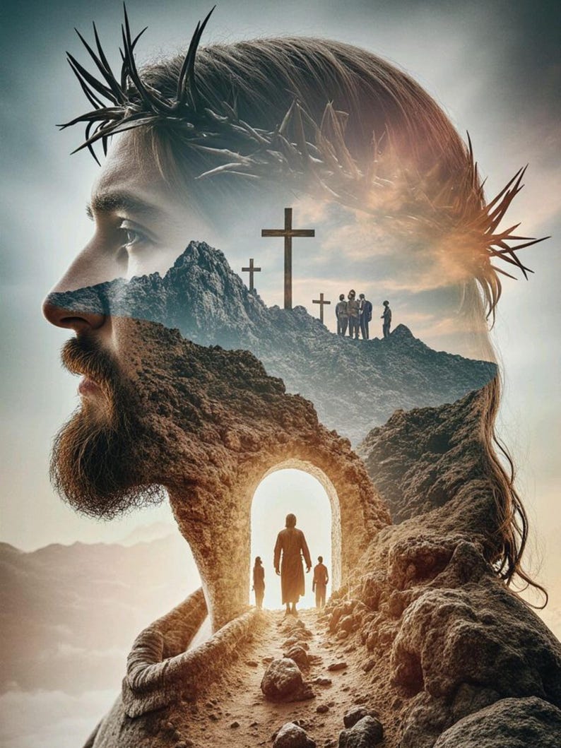 Sacred Resurrection Double Exposure Art, Jesus Profile & Calvary Hill ...