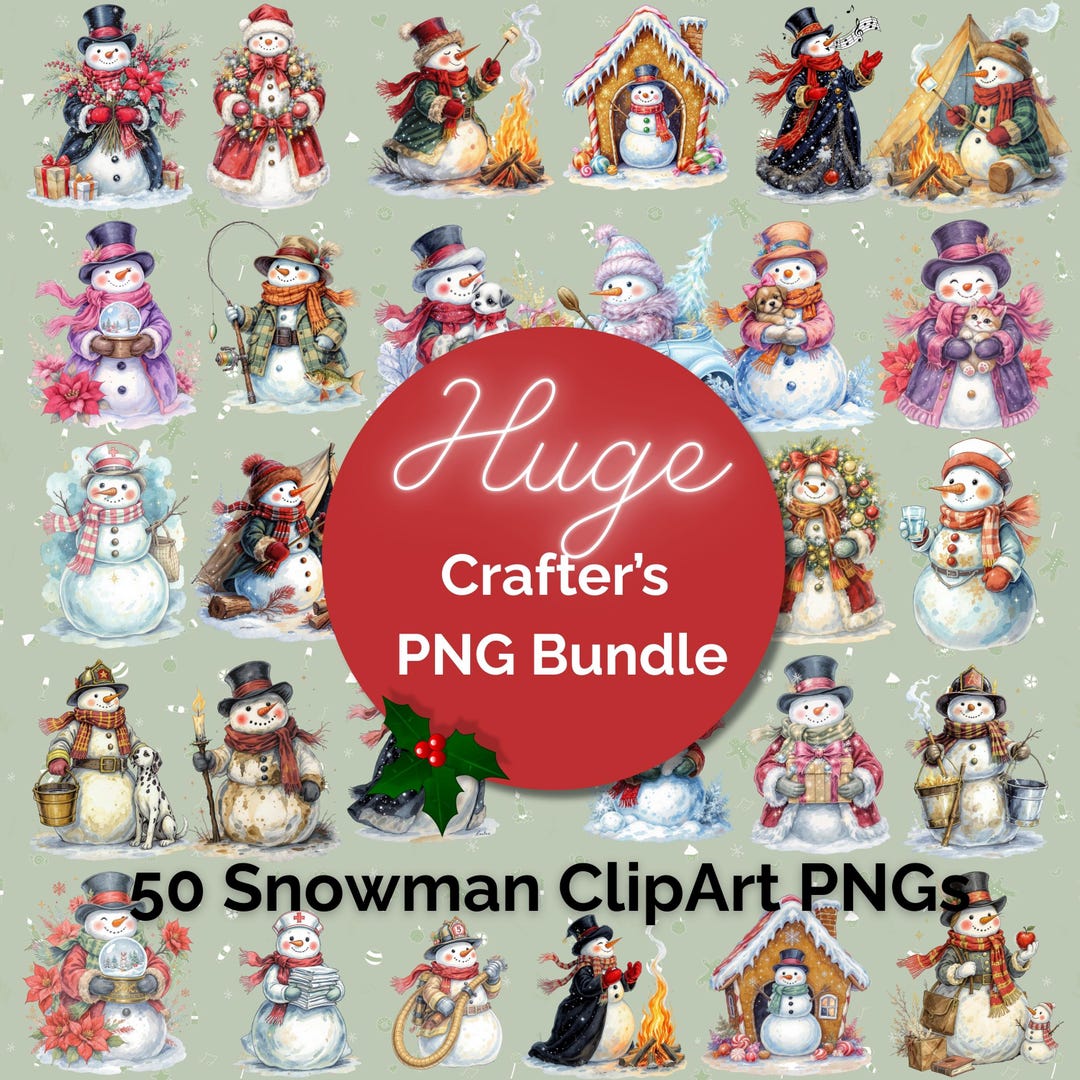 50 Vintage Snowman PNG Bundle | Retro Christmas Clipart | Cute Snowmen ...