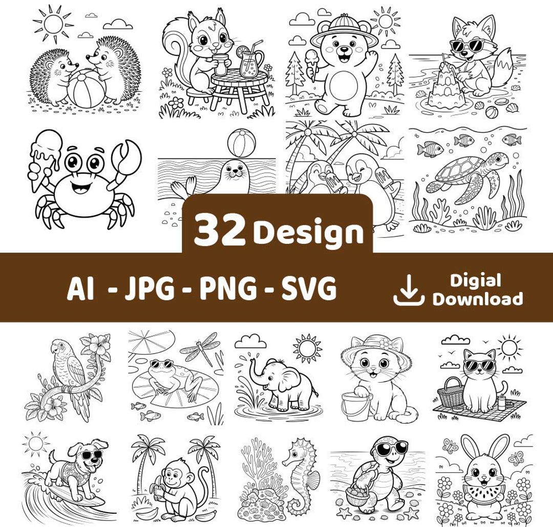 Summer Animal Coloring Pages: Beach Ocean Activity (digital Download ...