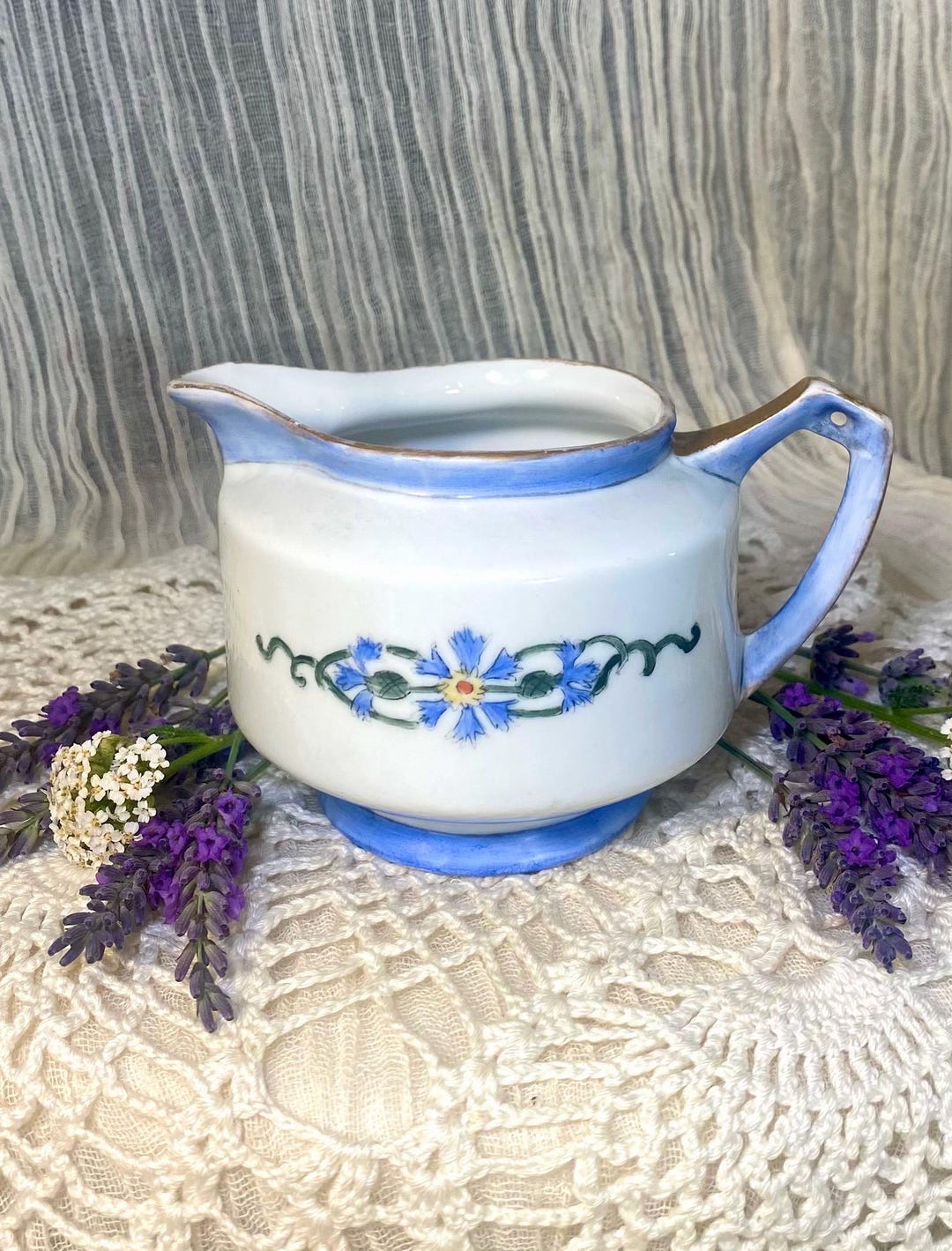 Antique German Porcelain Creamer – Hand Painted Blue Flowers, Gold Trim ...