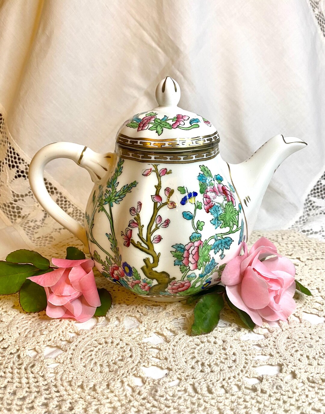 Vintage Coalport Indian Tree Teapot: Multicolor Chinoiserie Floral ...
