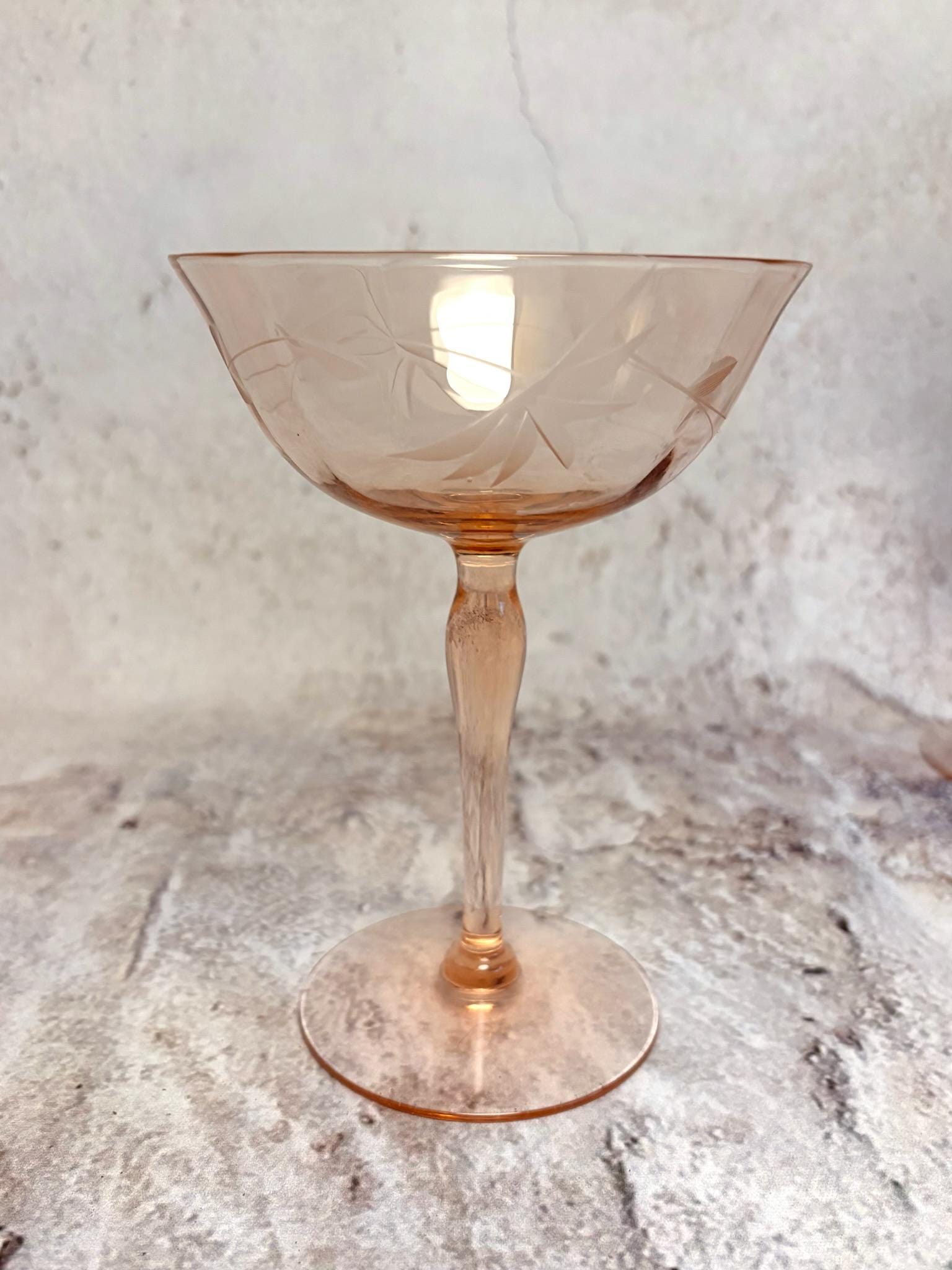 Vintage Pink Etched Stemware Wine Glasses Blush Depression Glass Floral ...