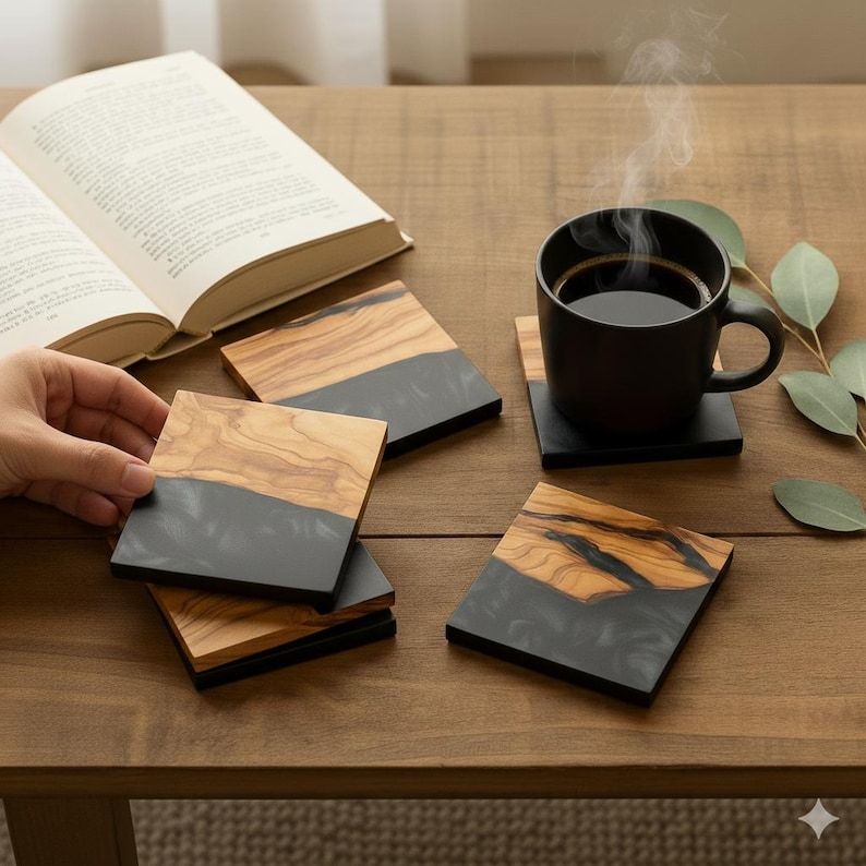 Handmade Olive Wood & Black Resin Coasters: Rustic Modern Set - Etsy