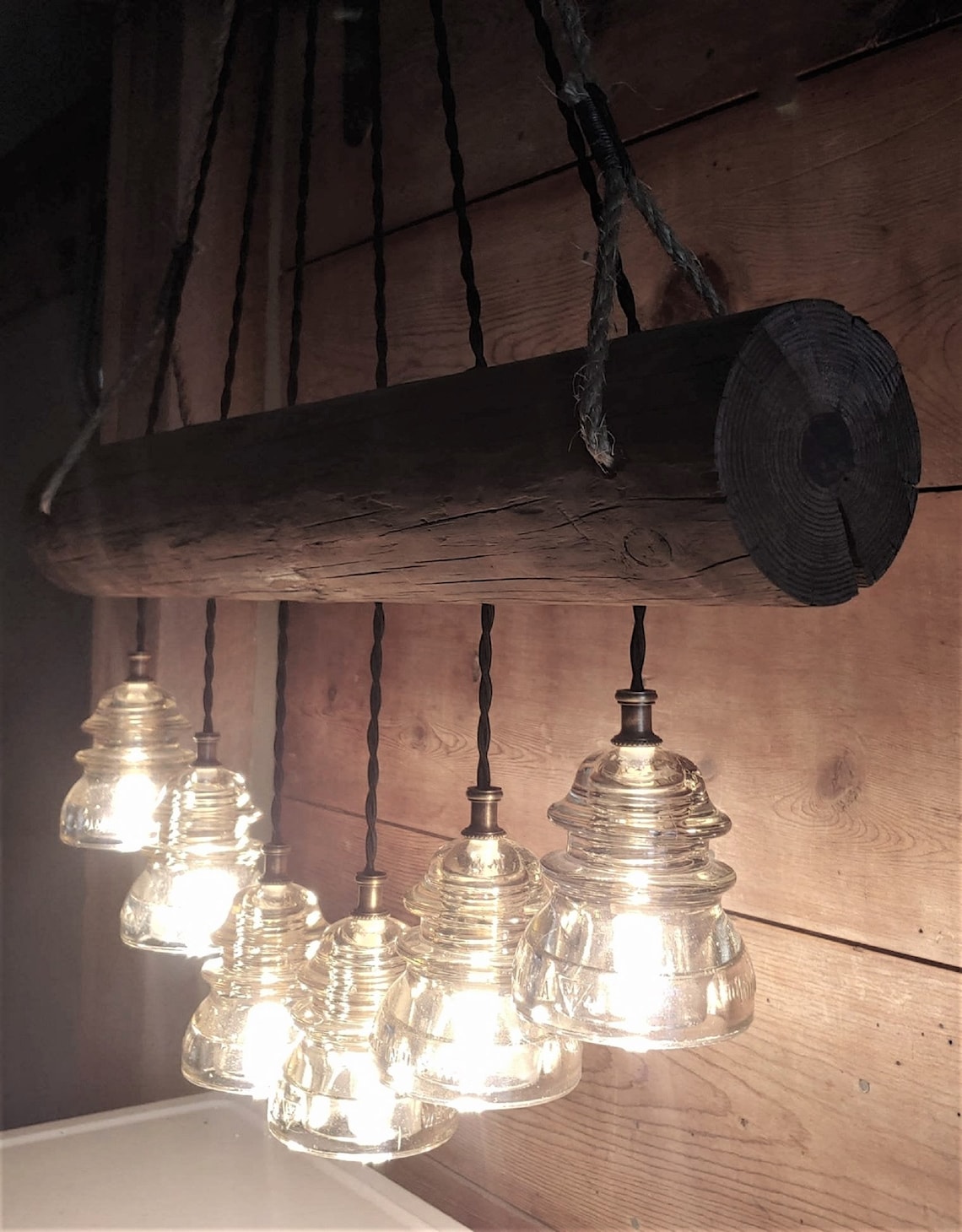 Rustic Wood Log Chandelier: Vintage Glass Insulator Light Fixture ...