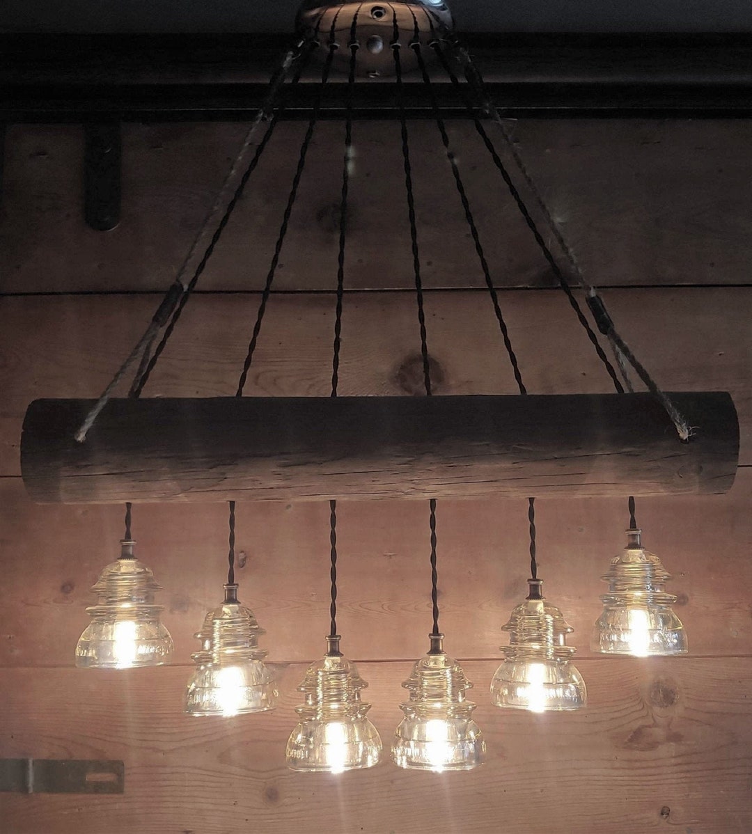 Rustic Wood Log Cabin Chandelier 6-telegraph Glass Insulator Light ...