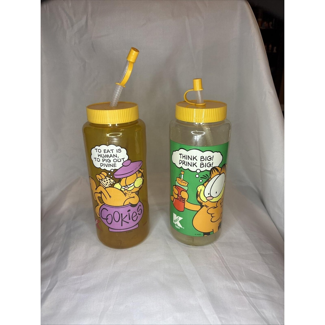 Lot of 2 1997 GARFIELD Water Bottle W/ Straw KMART Exclusive Cookies ...