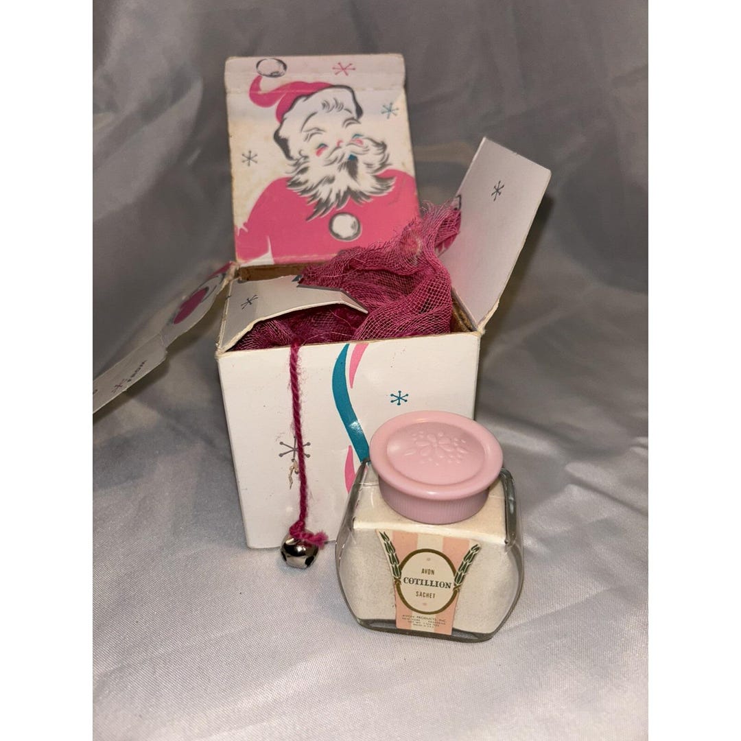 NOS VTG AVON Cotillion Powder Sachet - 1952 Glass Bottle and Christmas ...