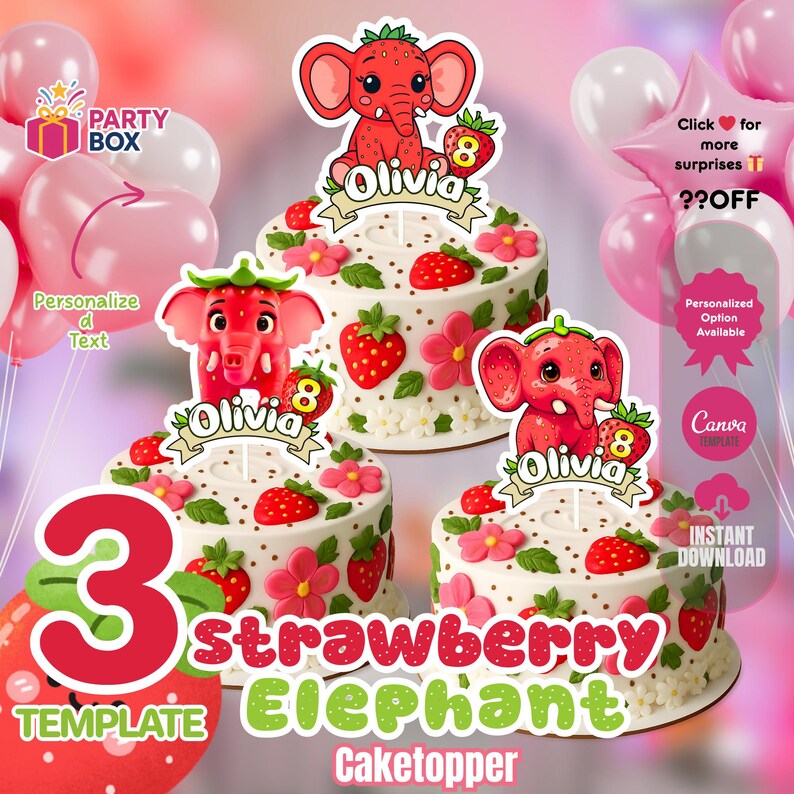 Strawberry Elephant Cake Topper: Girl Theme (editable Canva Template ...