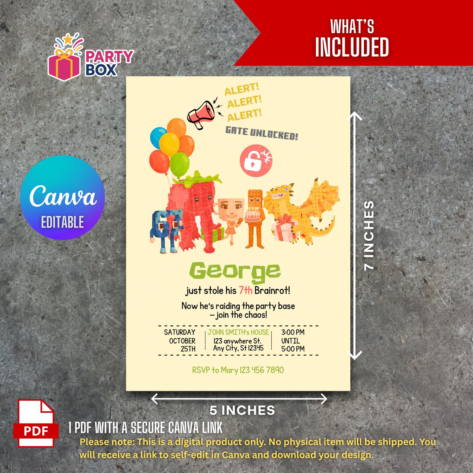 Steal a Brainrot Birthday Invitation: Gamer Adventure, Editable Canva ...