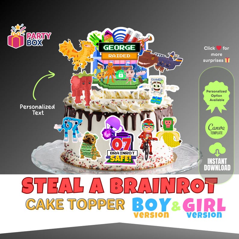 Steal a Brainrot Cake Topper: Gamer Birthday Party (editable Canva ...